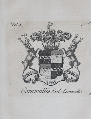 1756 ANTIQUE PRINT FAMILY CREST COAT OF ARMS CORNWALLIS EARL CORNWALLIS ...