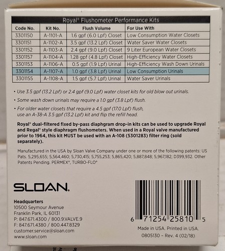 Sloan A-1107-A 1.0 GPF Royal Urinal Diaphragm Rebuild Kit - Chloramine ...