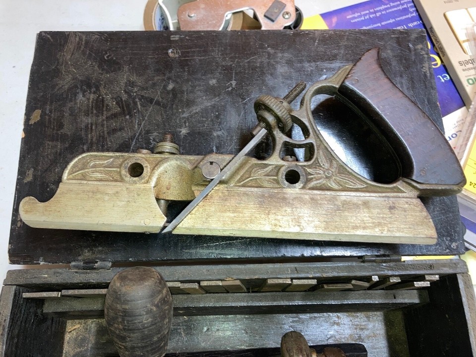 Antique Stanley No. 45 Combination Plane with Cutters Wood Box Floral ...