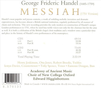EDWARD HIGGINBOTTOM HANDEL: MESSIAH (1751 VERSION) NEW CD 747313013173 ...