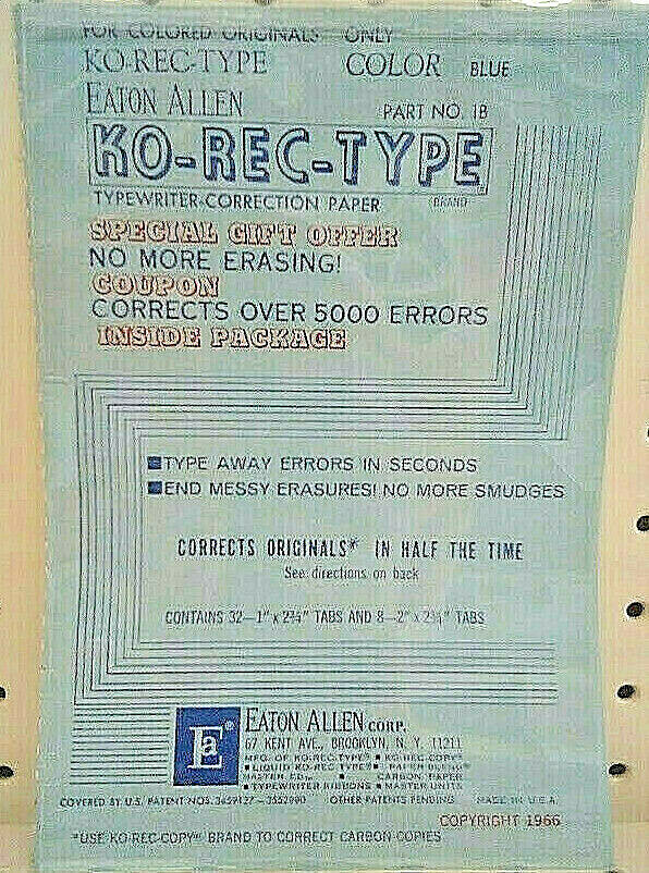 Vintage Eaton Allen KO-REC-TYPE Typewriter Correction Paper Tabs, Blue ...
