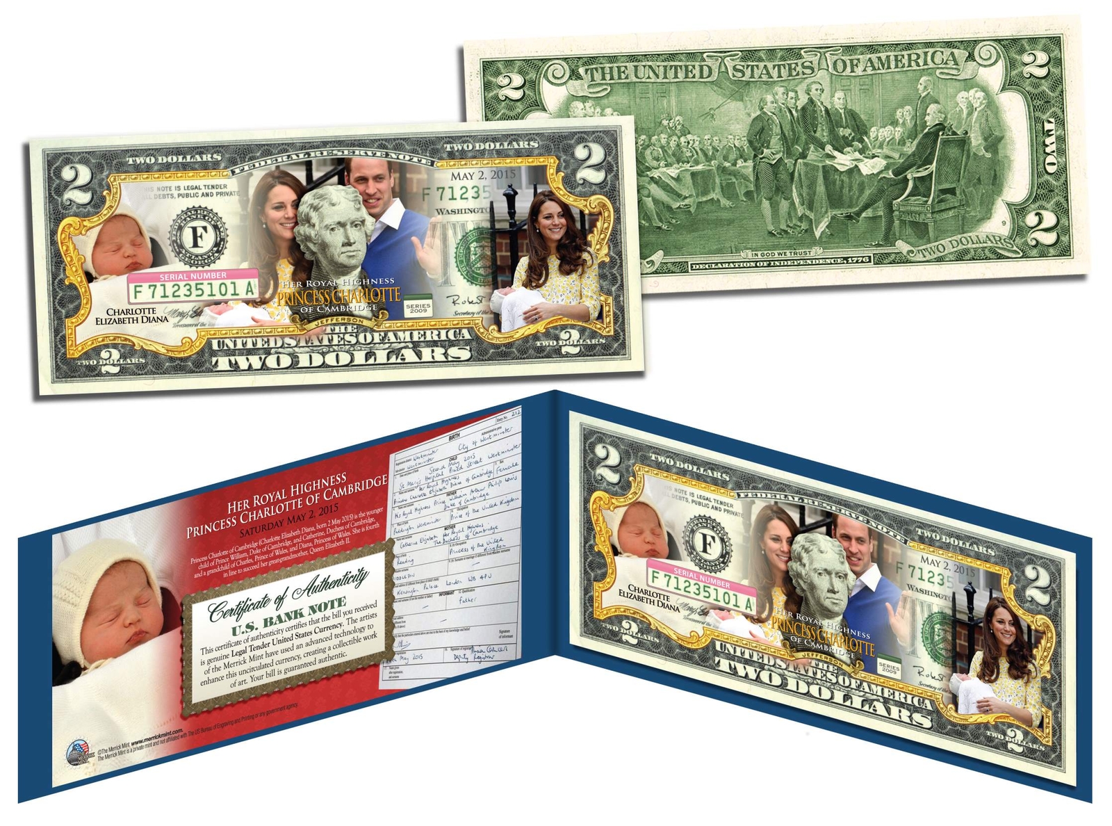 PRINCESS CHARLOTTE of Cambridge Colorized US $2 Bill - Prince William ...