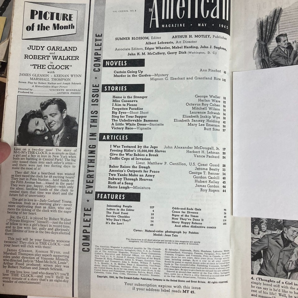 VTG The American Magazine May 1945 Vol 139 #5 Jean Tate Cover No Label ...