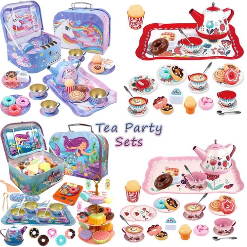 Kids Tin Tea Set with Tea Pot Saucers Food Item Kitchen Role Play Toys ...