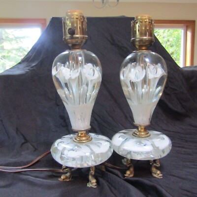 SET of 2 Vtg MCM Modern Paperweight Glass Table Lamp St Clair White ...