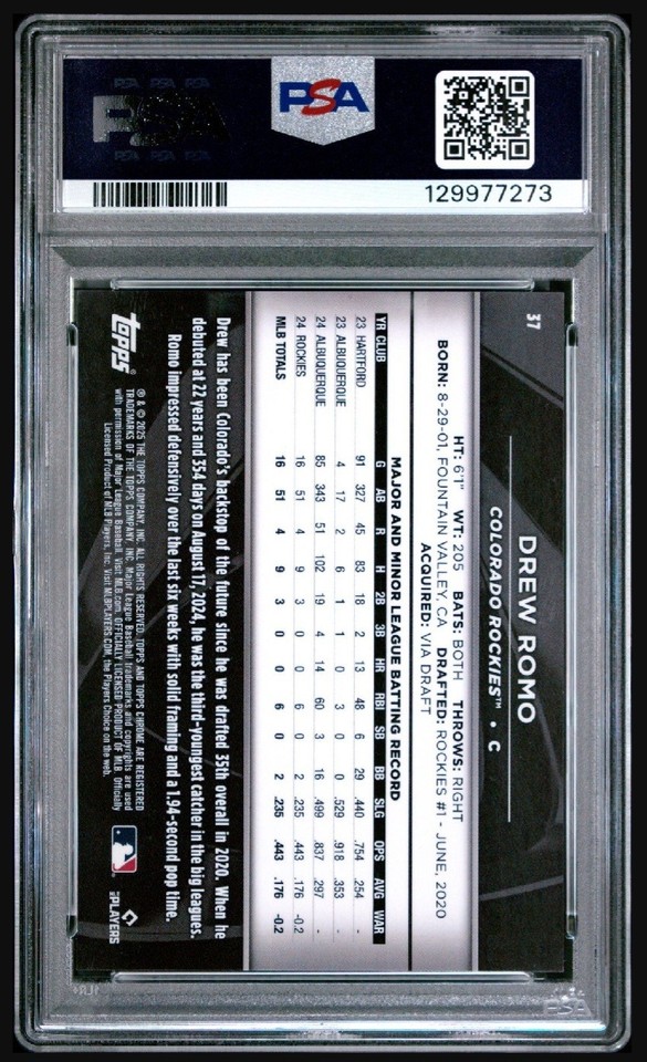 2025 Topps Chrome Black Purple Mini-Dia #37 Drew Romo (RC) 08/75 PSA 10 ...