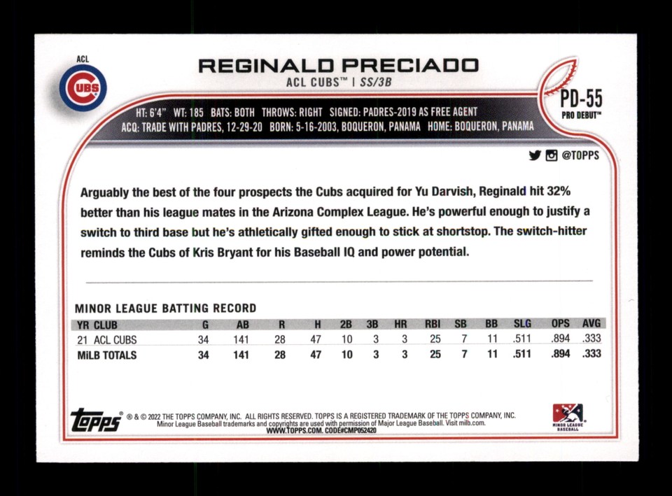 2022 Topps Pro Debut #PD-55 Reginald Preciado ACL Cubs Baseball Card | eBay