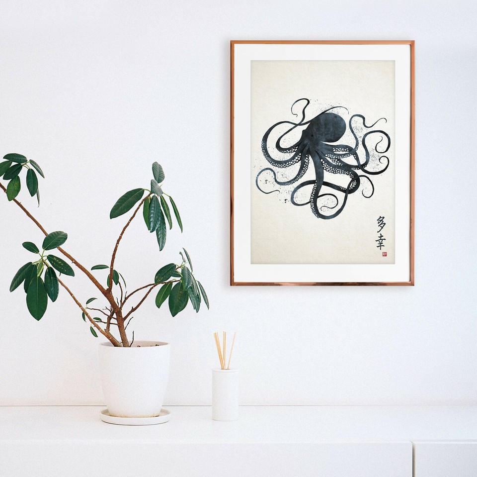 Japanese Octopus Calligraphy Wall Art Print Poster Gyotaku Tattoo Kanji ...