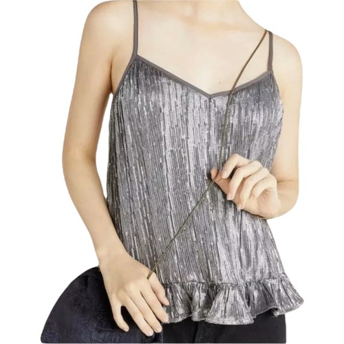 Anthropologie Amelie Beaded Sequin Cami Camisole Ruffled Dark Gray Top ...