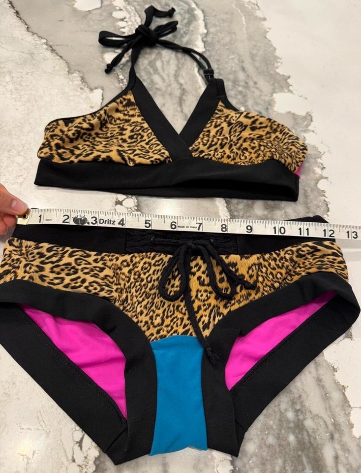 J Morco 2000s Leopard Print Pink Blue Color Block Halter Two Piece ...