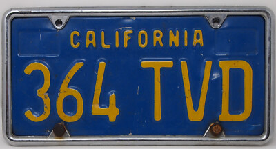 1 California License Plate 1970's 1980's 364TVD EXPIRED Blue & Yellow ...