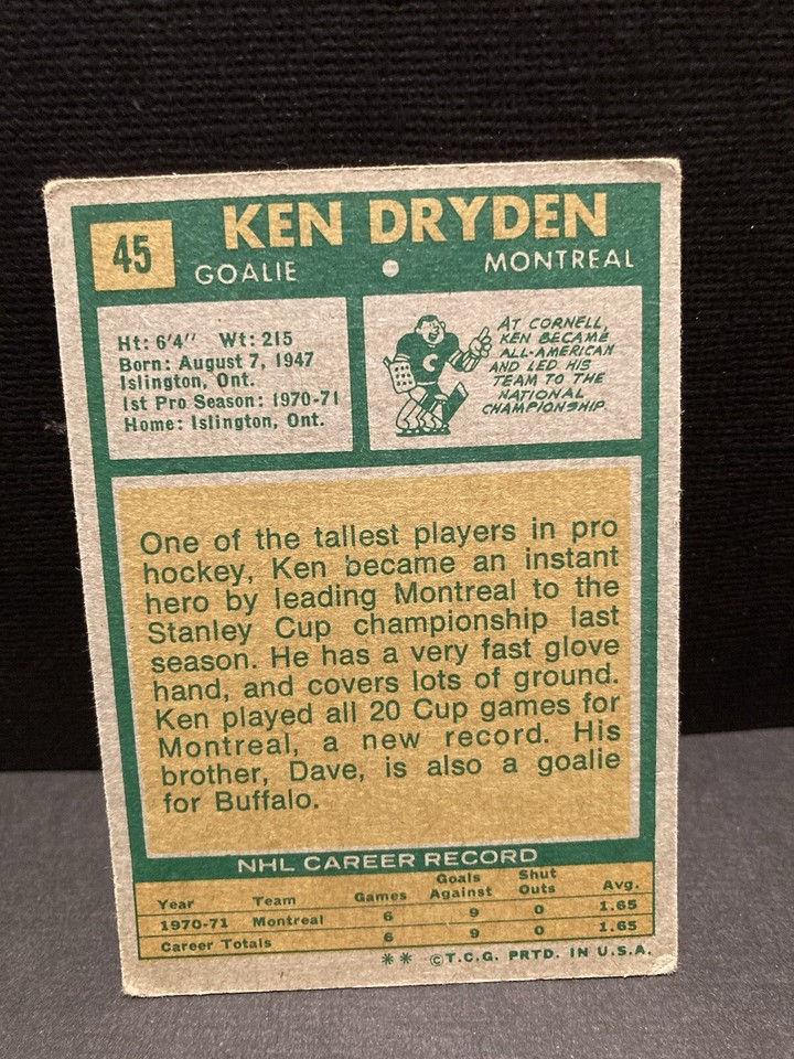 1971 Topps Hockey Card # 45 Ken Dryden Rookie!! Nice!..USA Ship Only | eBay