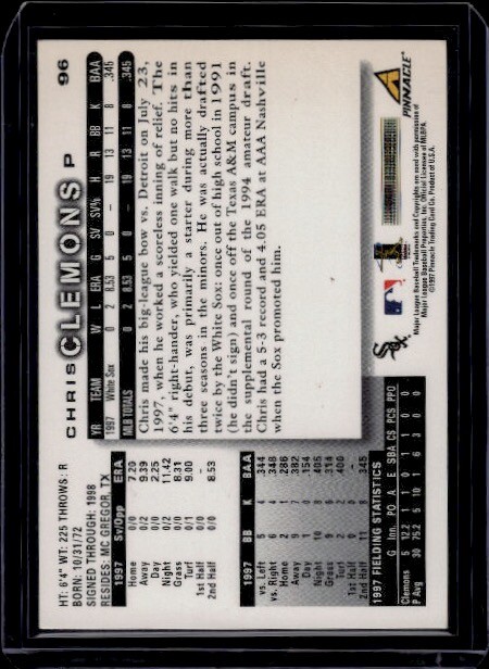 1998 Score Chicago White Sox #6 Autographed Chris Clemons Trading Card ...