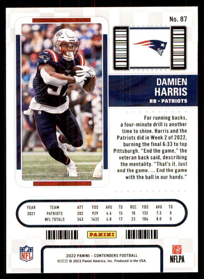 2022 Panini Contenders Damien Harris Football Cards #87 | eBay