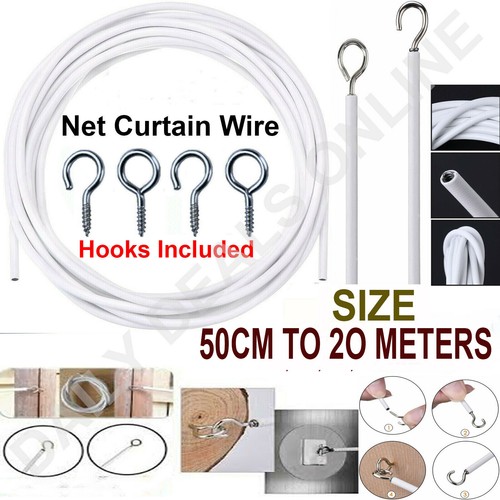 NET CURTAIN WIRE WHITE VOILE WINDOW DOOR CABLE CORD HOOKS & EYES 10m ...