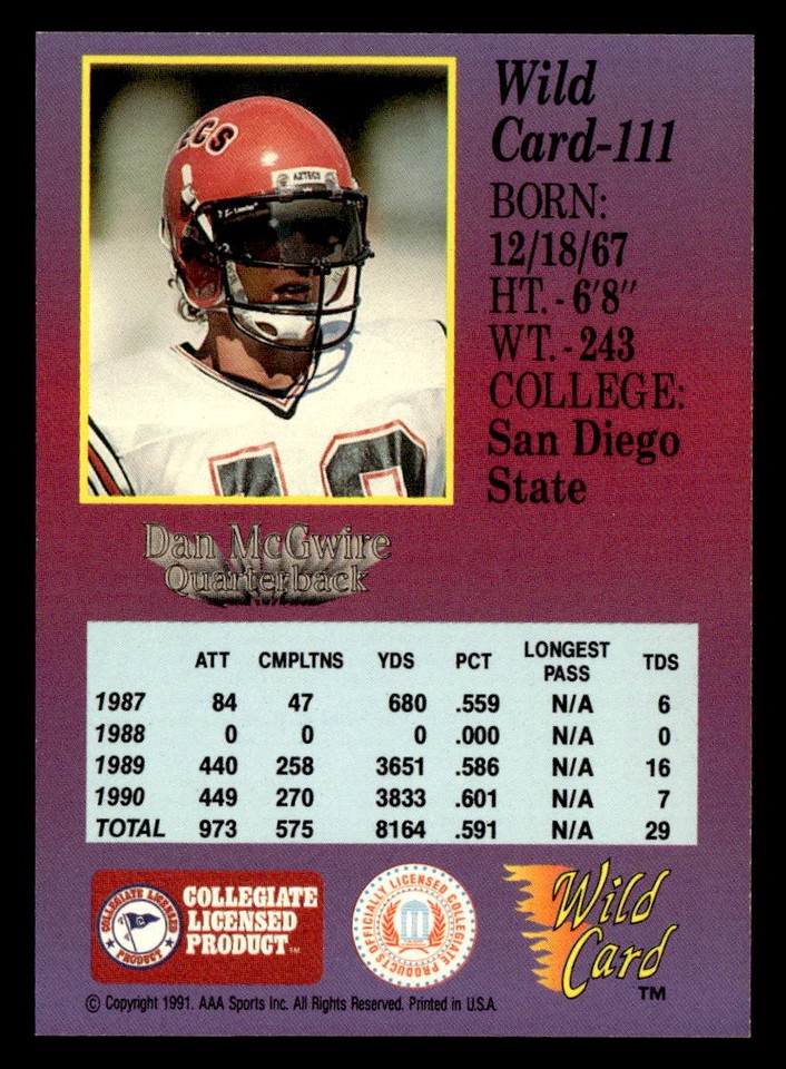Dan McGwire 1991 Wild Card Draft Card #111 San Diego State Aztecs | eBay