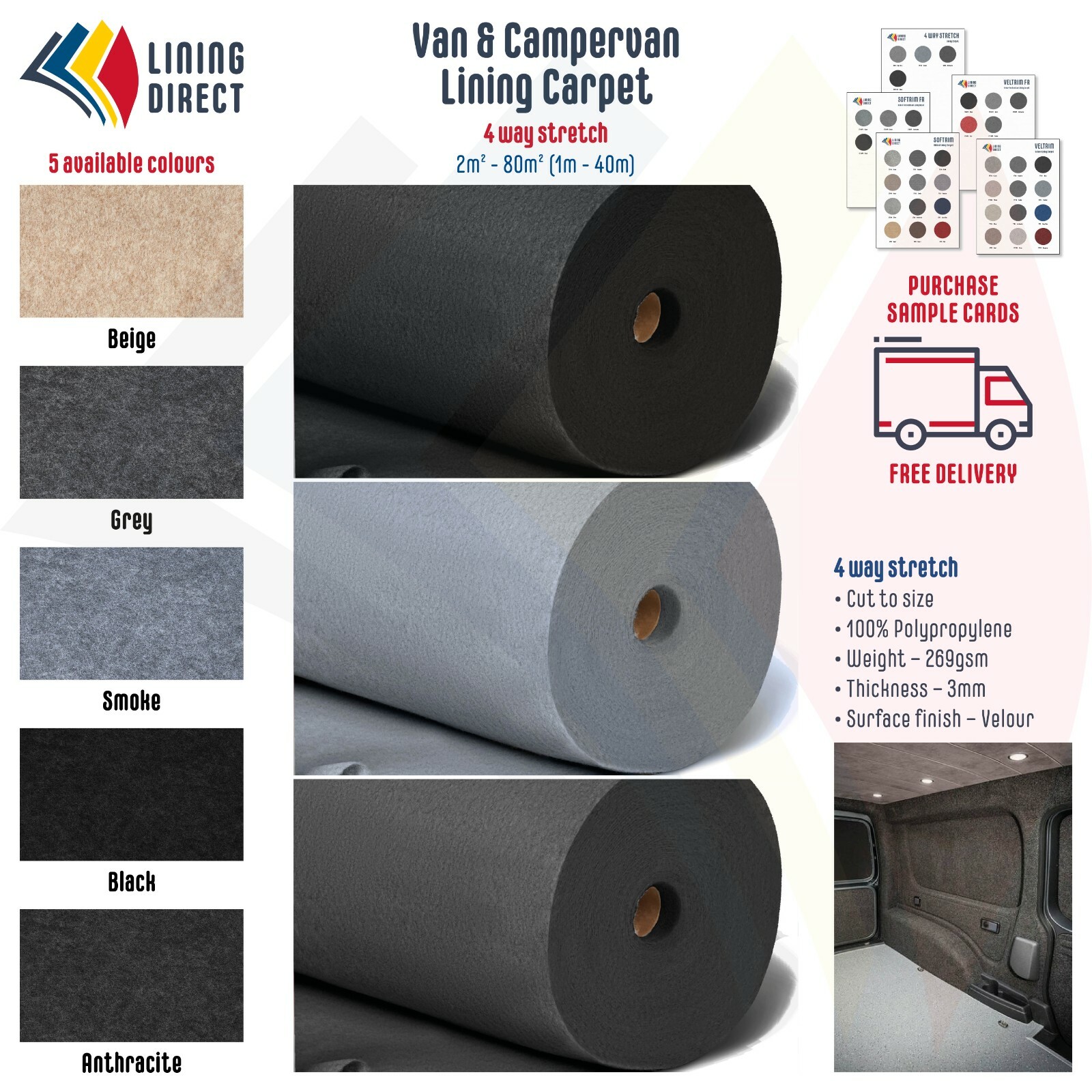 Lining Carpet 4 Way Stretch Carpet For Van, Campervan, VW Transport ...