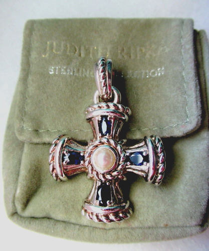 Judith Ripka Sterling Silver Pearl and Blue Sapphire Maltese Cross ...