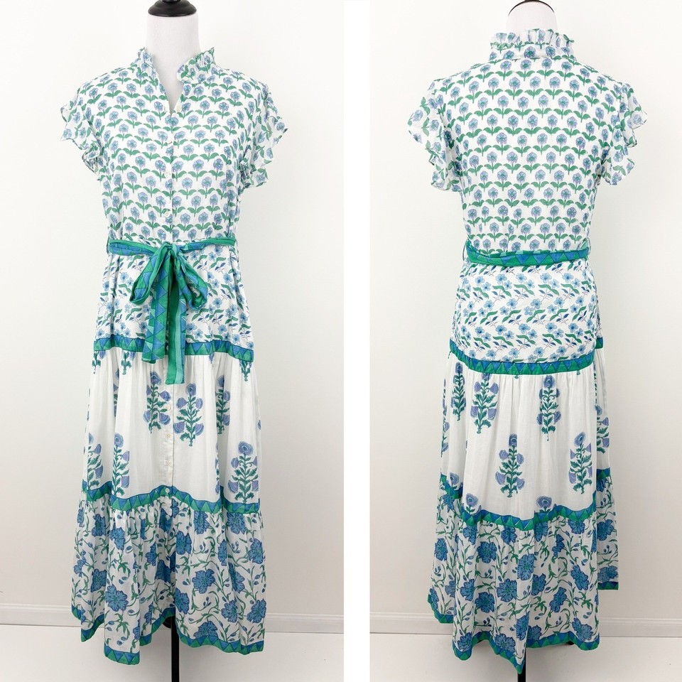 Ruffle Collar Button Up Maxi Dress Size M Terra Blue Tie Waist Tiers ...