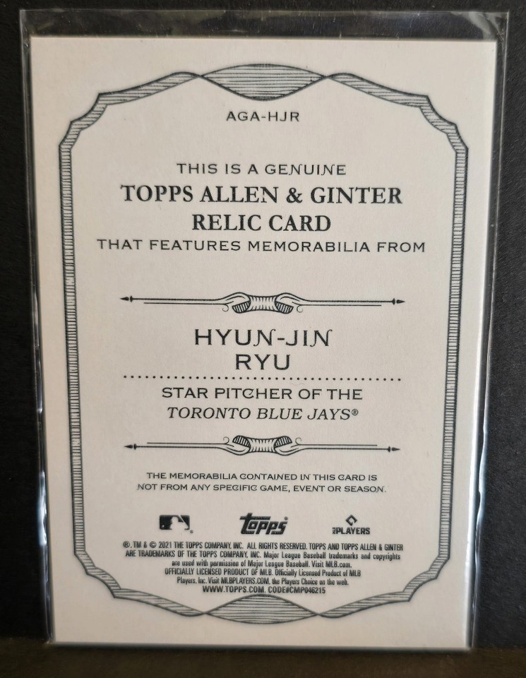 2021 Topps Allen & Ginter #AGA-HJR Hyun-Jin Ryu Full-Size Relics B | eBay