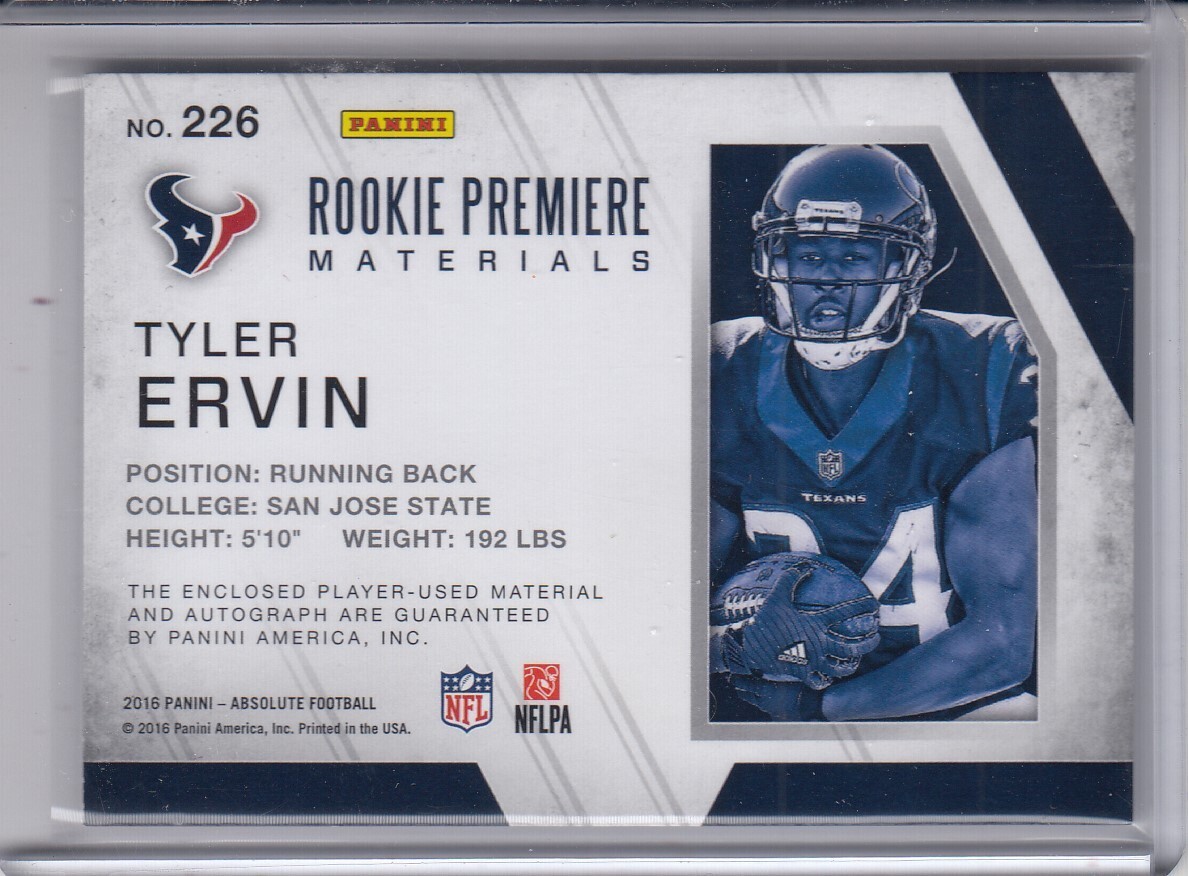 TYLER ERVIN 2016 Panini Absolute Jersey Autograph #226 RC 486/499 ...