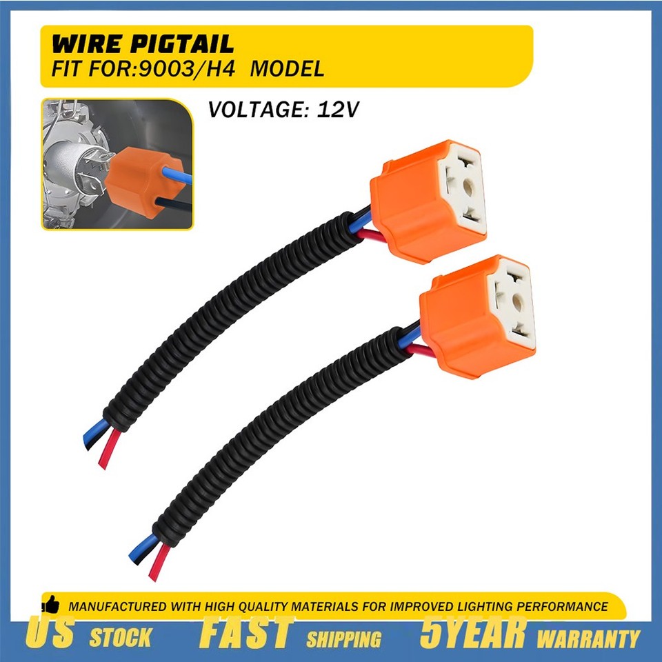 2PC H4 9003 Female Ceramic Headlight Bulb Sockets Wire Pigtail Harness ...