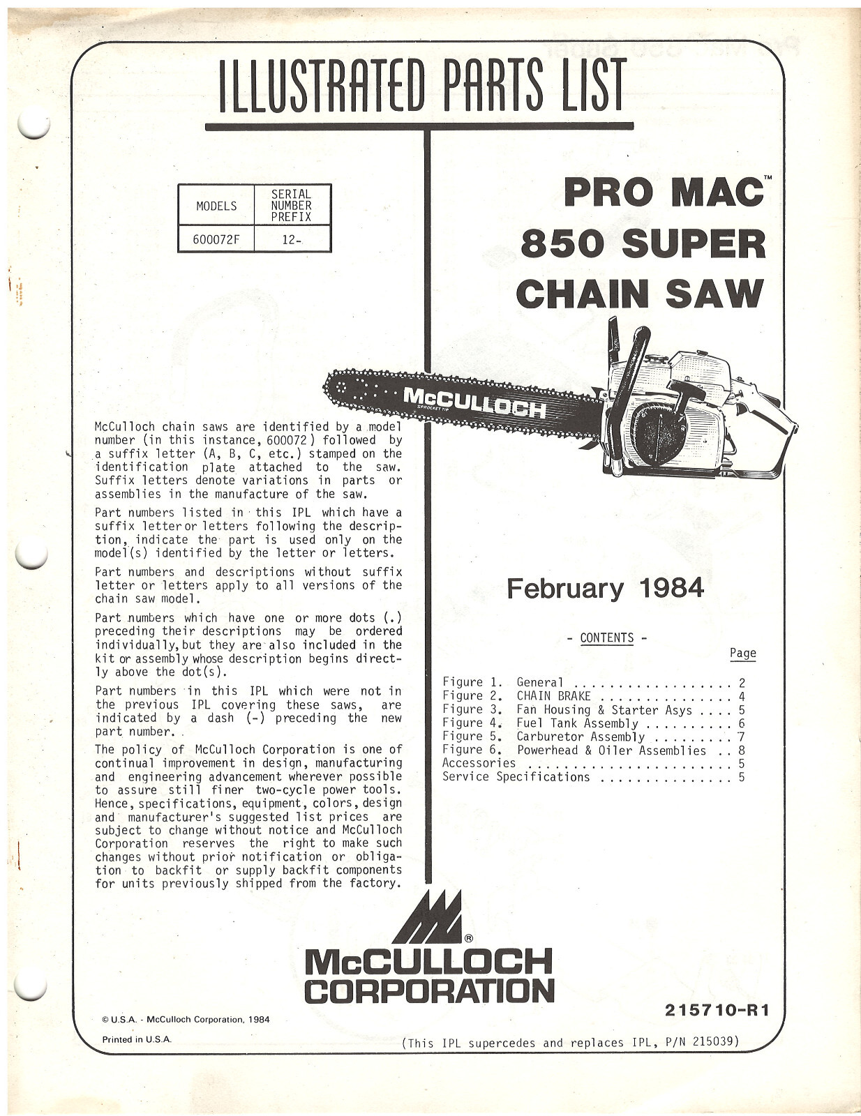 1984 McCulloch Pro Mac 850 Super Chain Saw Illustrated Parts List ...