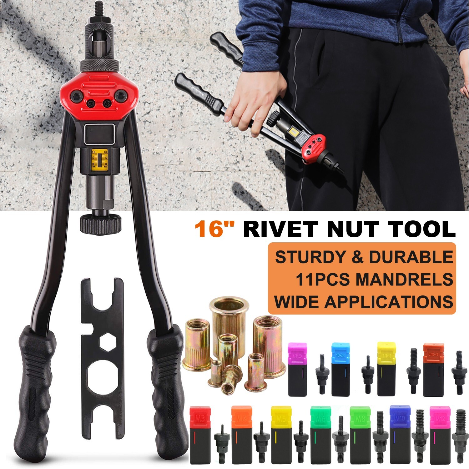 16" Rivet Nut Tool Kit Nutsetter w/ 110PC Rivet Nuts 11PC Metric & SAE ...