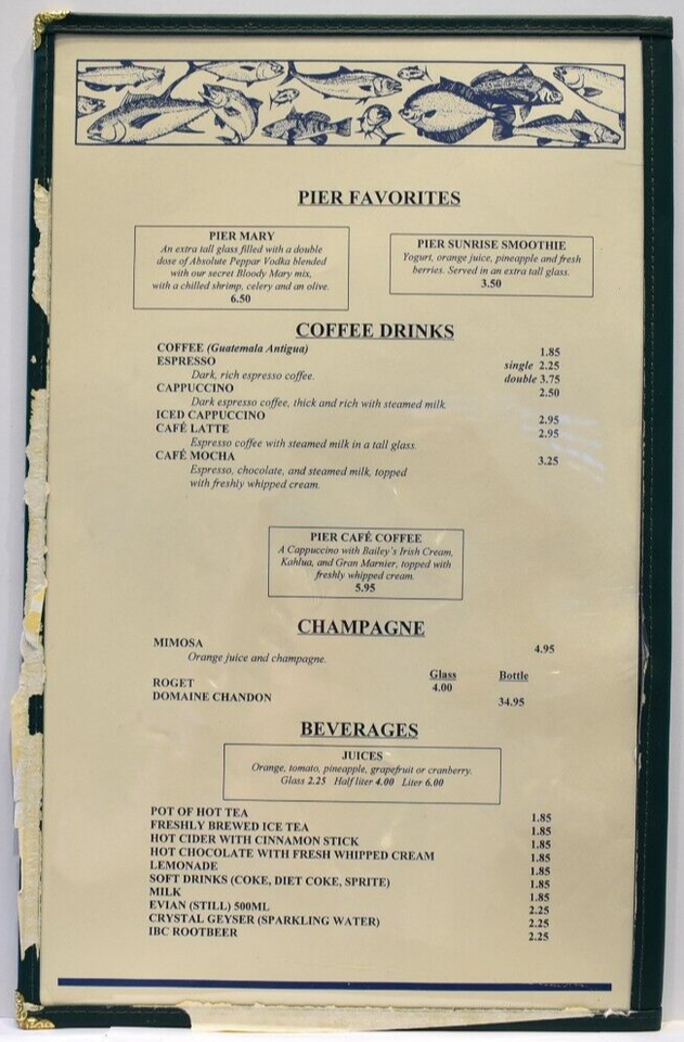 1990s San Diego Pier Café Cafe Restaurant Menu West Harbor Drive ...
