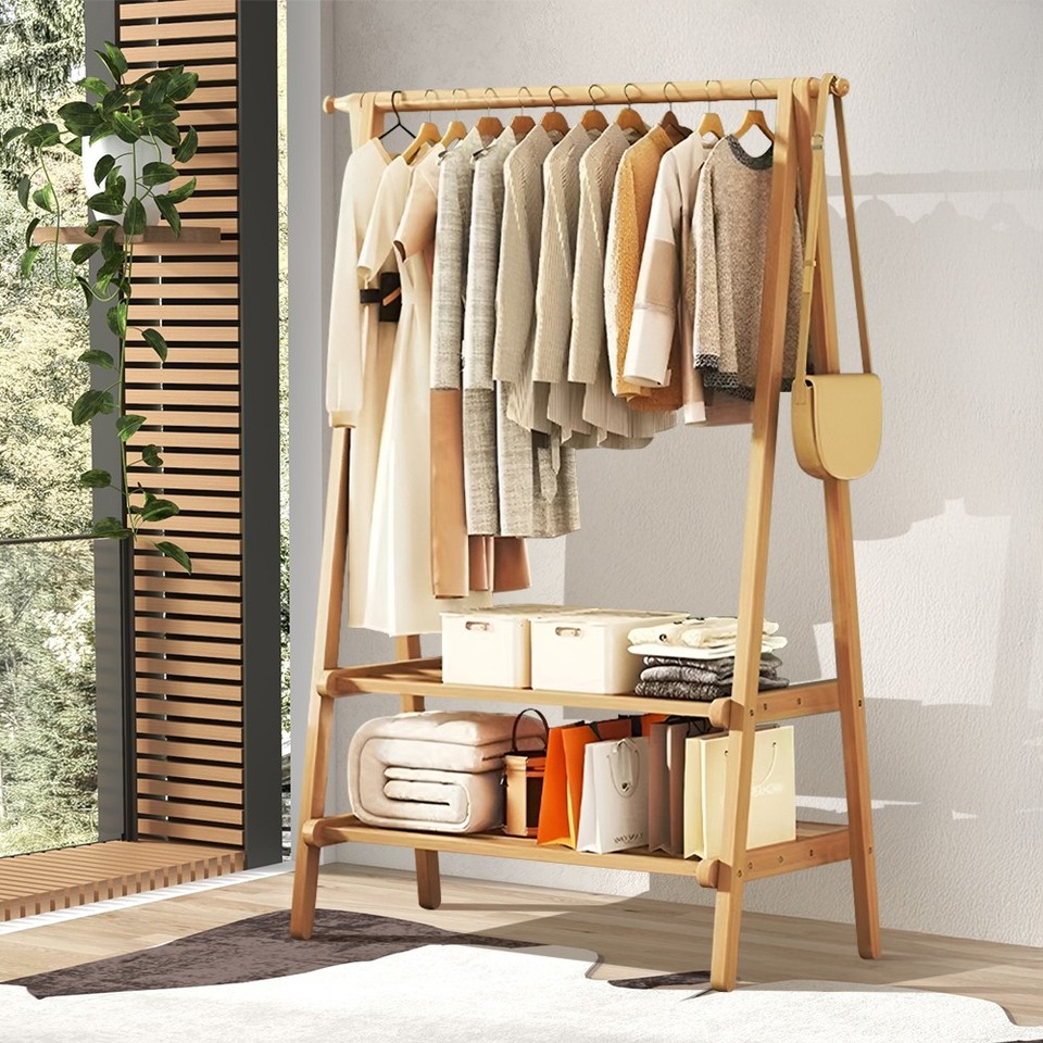 Freestanding Wooden Clothes Rack Thick Floor Standing Coat Hanger with ...