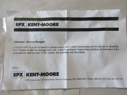 KENT MOORE TOOL J-45873-UPD FUEL RETURN QUANTITY TEST KIT LABEL SET ...