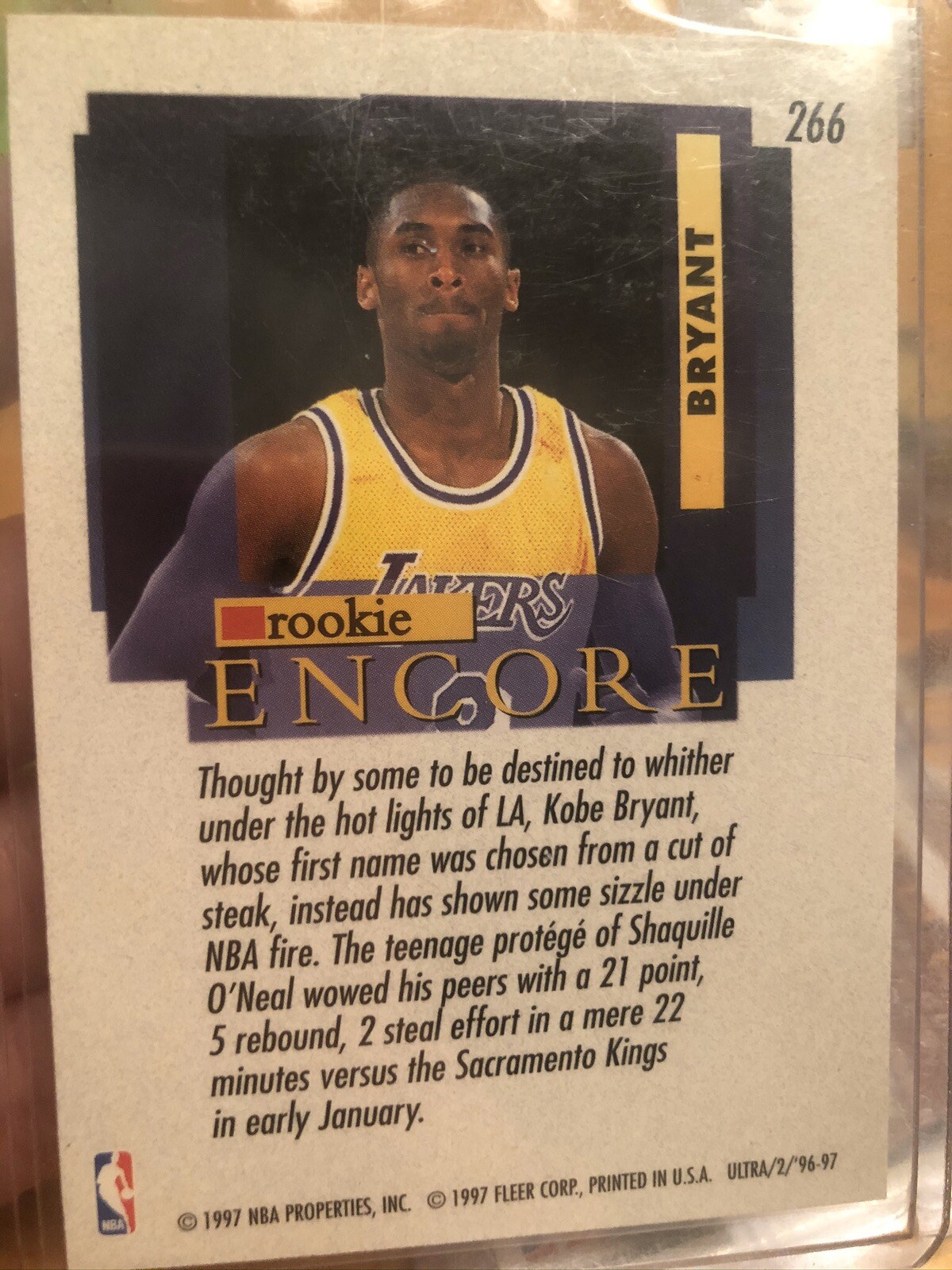 1996 FLEER ULTRA ENCORE #266 KOBE BRYANT ROOKIE CARD RC LOS ANGELES ...