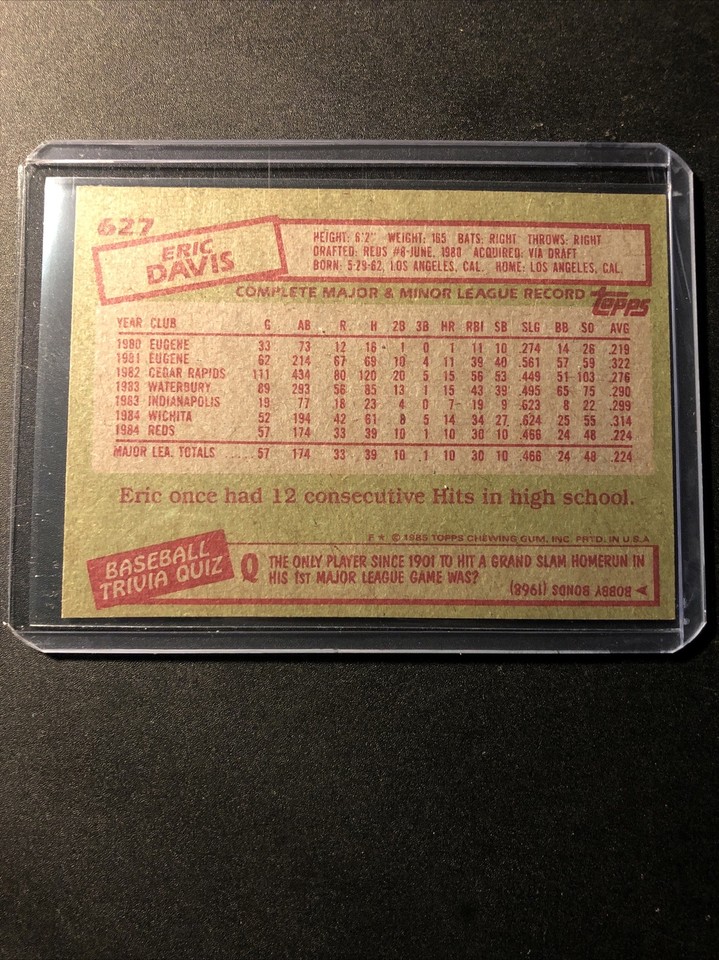 1985 Topps Eric Davis Rookie #627 Mint! Error Pink Dots Rare One Of A ...