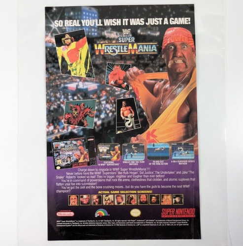 1992 WWF Super WrestleMania video game Ad, Laminated SNES Promo ...