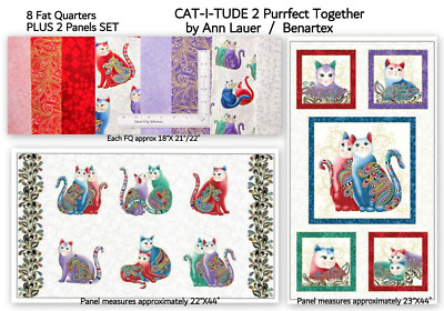 Catitude Cat Fabric Animal Purple Red 8 Fat Quarters + 2 Panels Cotton ...