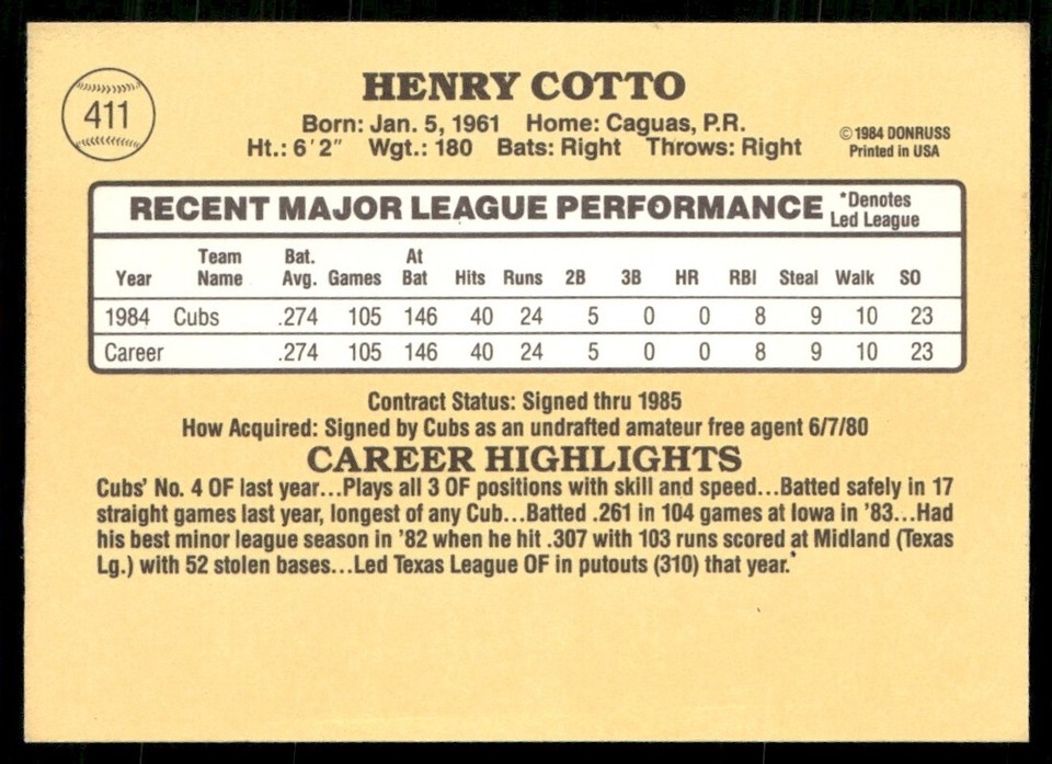 1985 Donruss #411 Henry Cotto Rookie Chicago Cubs | eBay