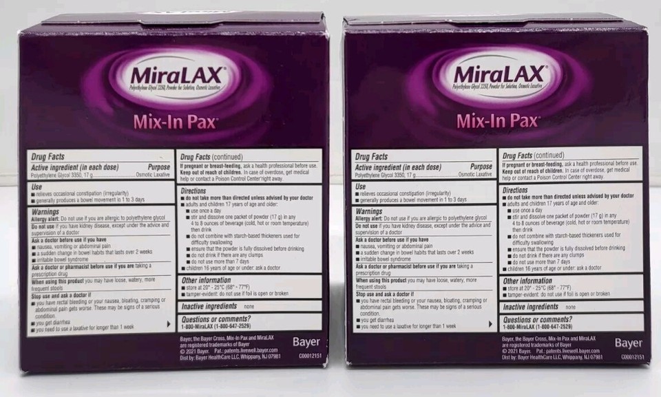 LOT OF 2 MiraLAX Osmotic Laxative Powder Mix-In Pax 10 Doses x 2 - Exp ...