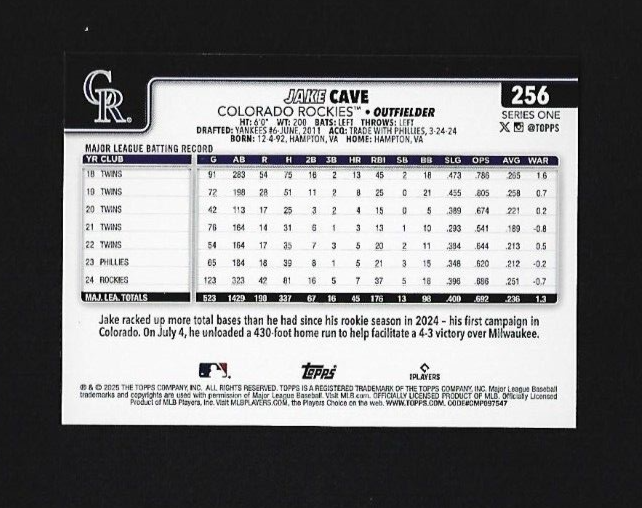 2025 Topps Series 1 Jake Cave Diamante Foil #256 Colorado Rockies | eBay