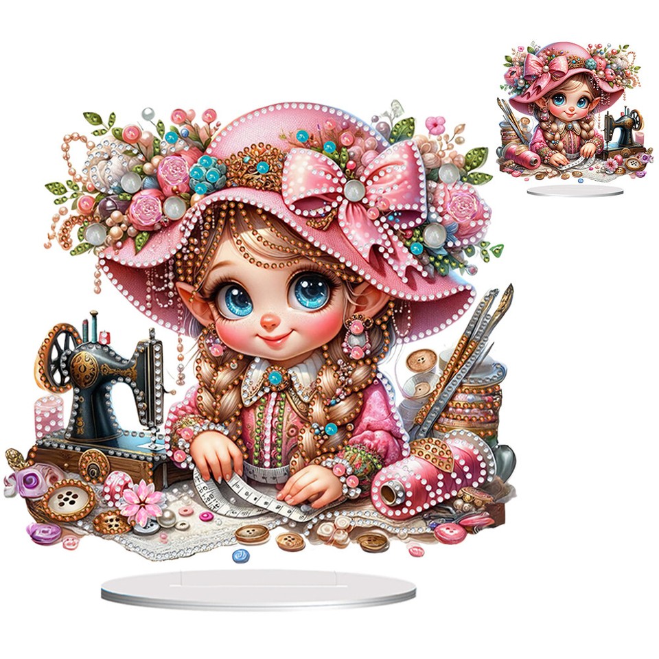 2D Flat Print Sewing Machine Girl DIY Double-Sided Desktop Diamond Art ...