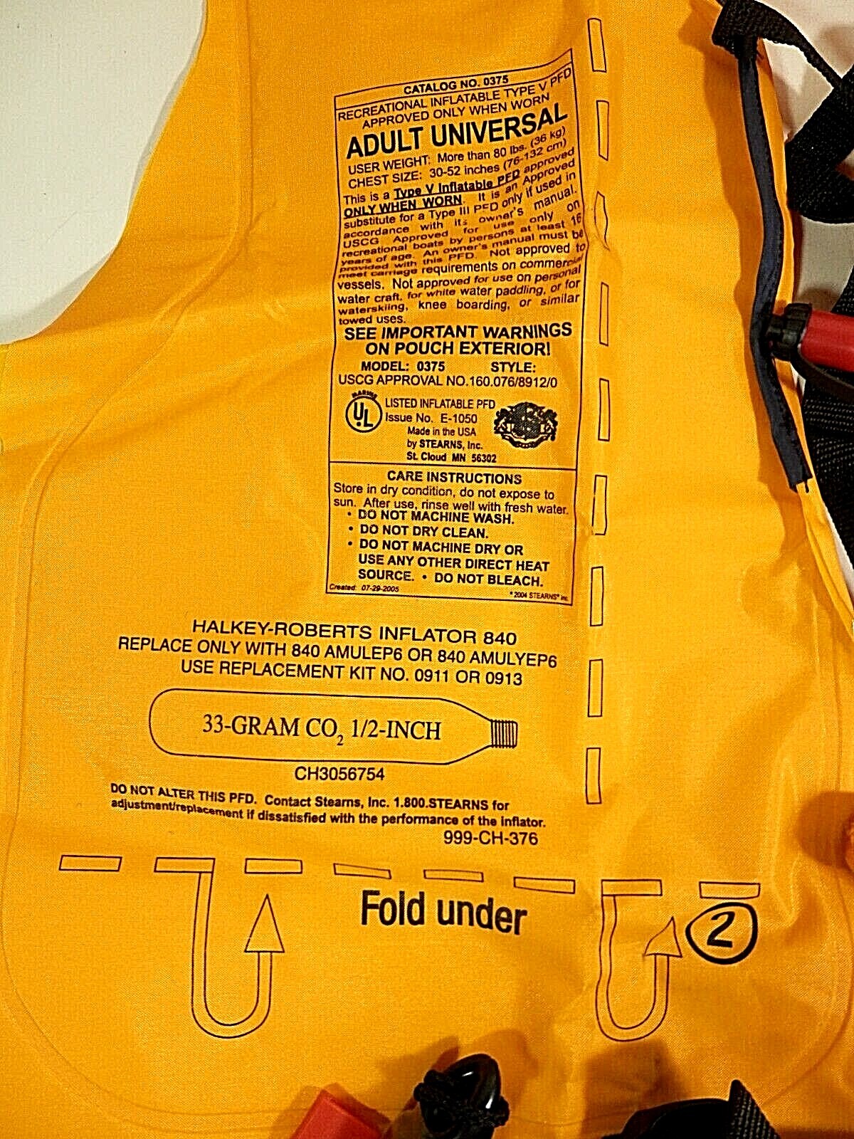 STEARNS Adult Universal Recreational Inflatable-Typelll PFD CO2 VEST ...