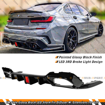 CMS STYLE GLOSS BLACK REAR DIFFUSER W/ LED LIGHT FOR 2019-2022 BMW G20 ...