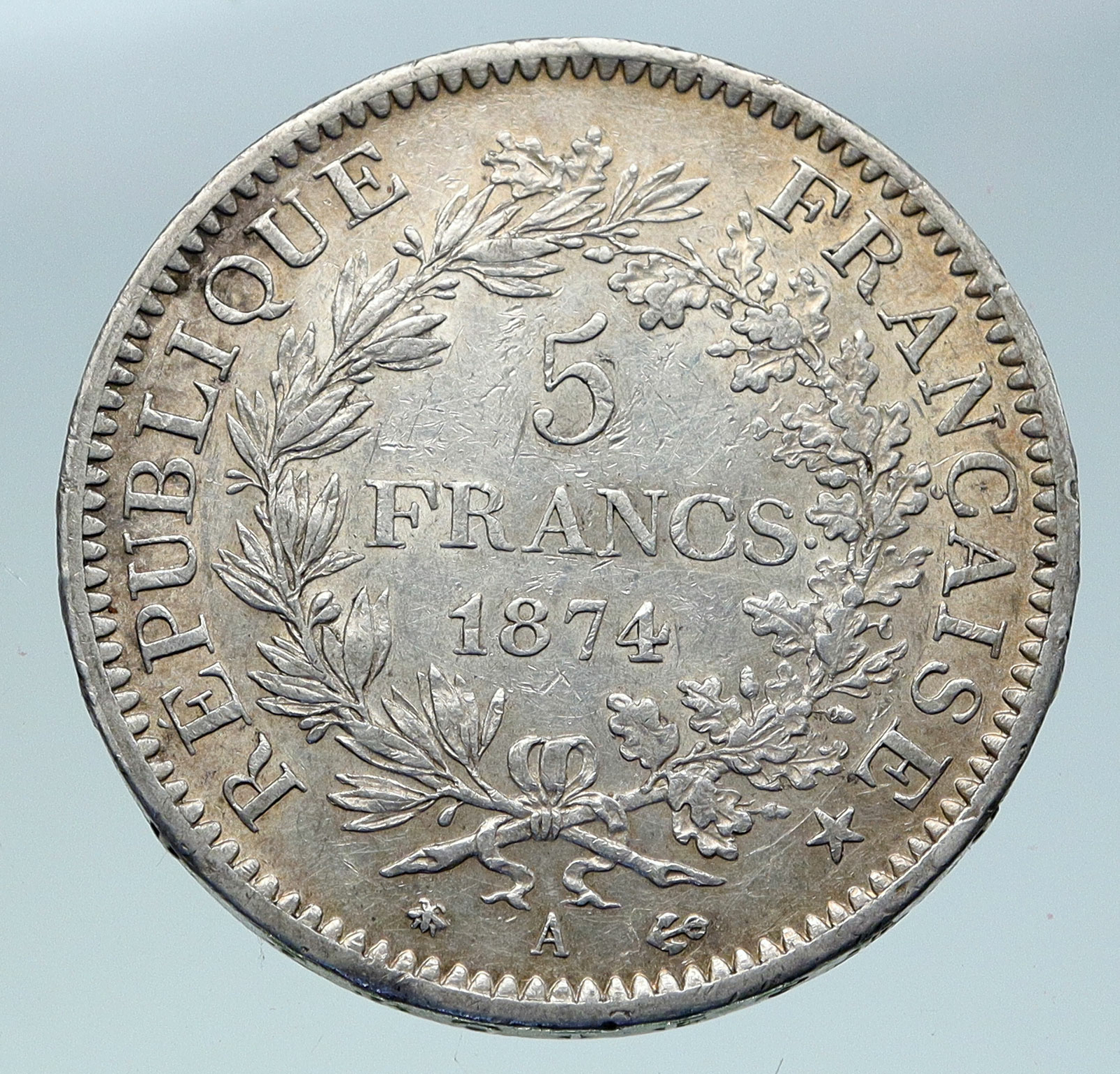 1874 A FRANCE Hercules Group Antique VINTAGE Silver 5 Franc French Coin ...