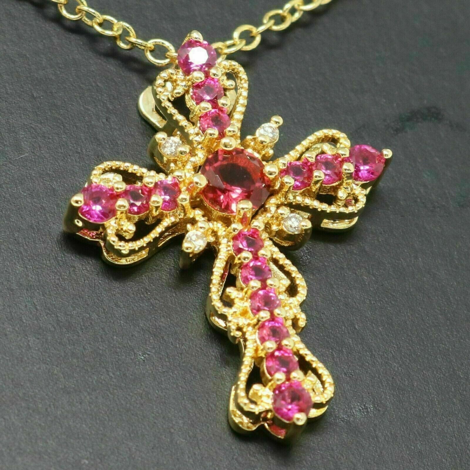 2Ct Round Red Ruby Diamond Cross Pendant 14K Yellow Gold Over Christmas ...