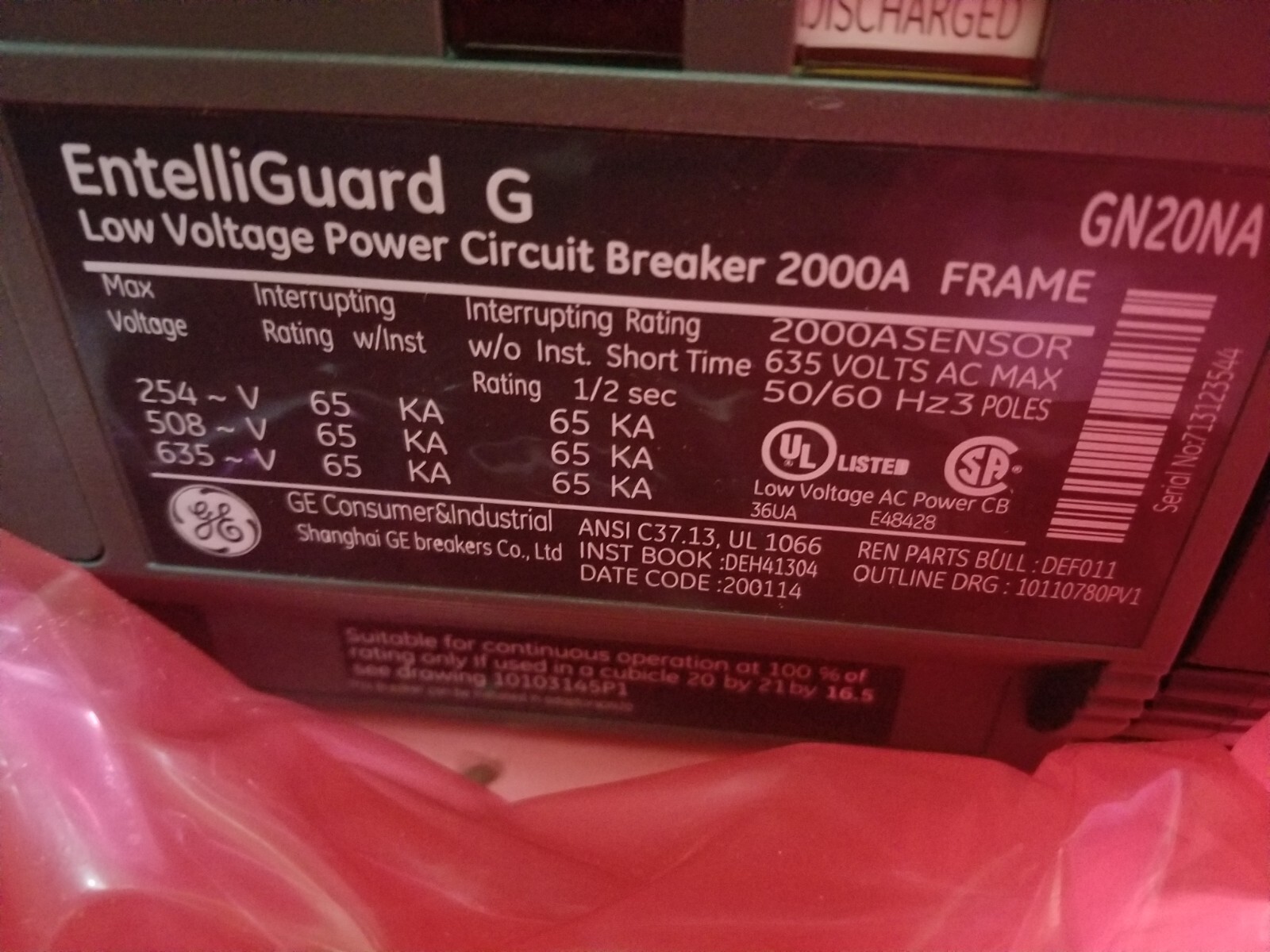 GE Entelliguard Universal Frame Circuit Breaker 3P 2000A ...