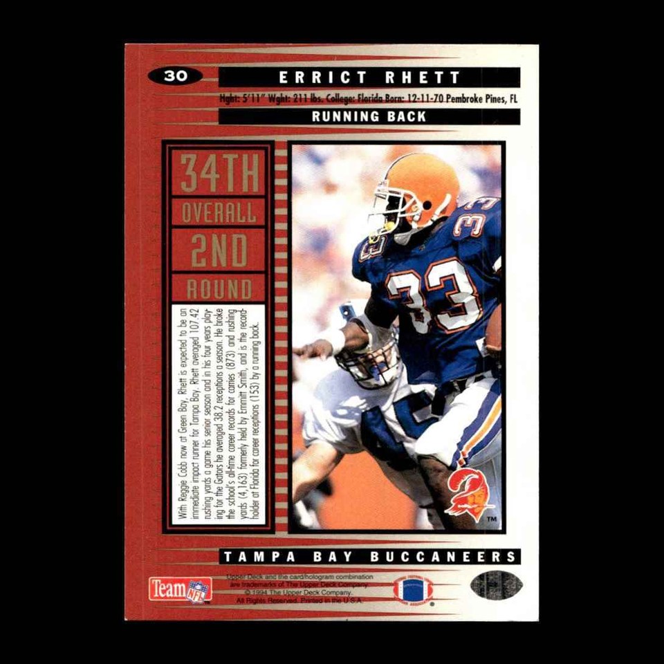 Errict Rhett 1994 Upper Deck Rookie Tampa Bay Buccaneers #30 R327J 20 ...