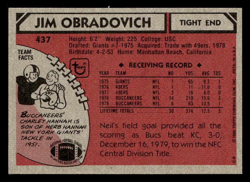 Jim Obradovich 1980 Topps Card #437 Tampa Bay Buccaneers | eBay