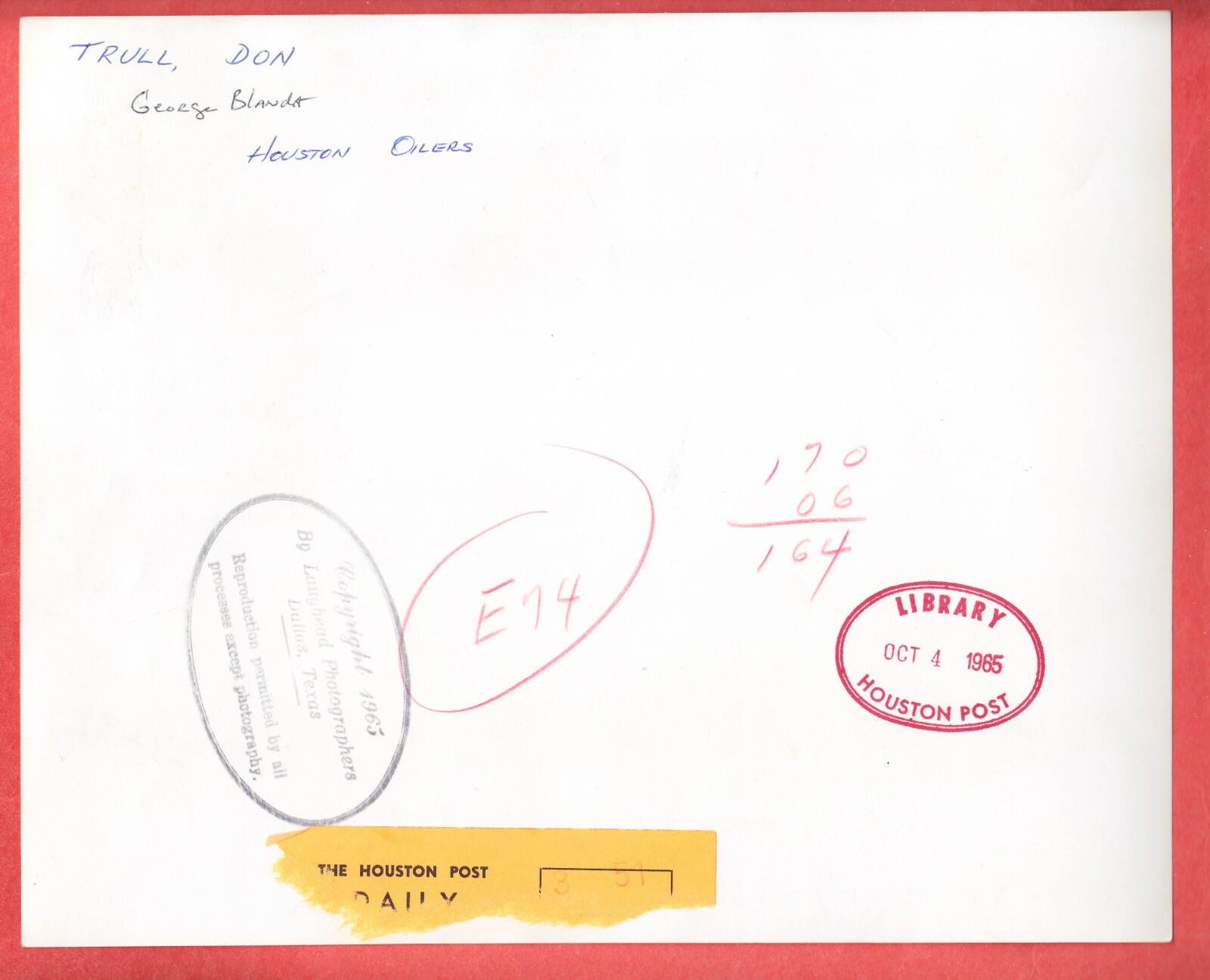 1965 HOUSTON OILERS TEAM ISSUE 8 X 10 GLOSSY TYPE 1 BLANDA, TRULL ...