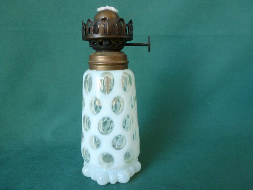 Antique White Opalescent Coin Spot Art Glass Oil Lamp | eBay