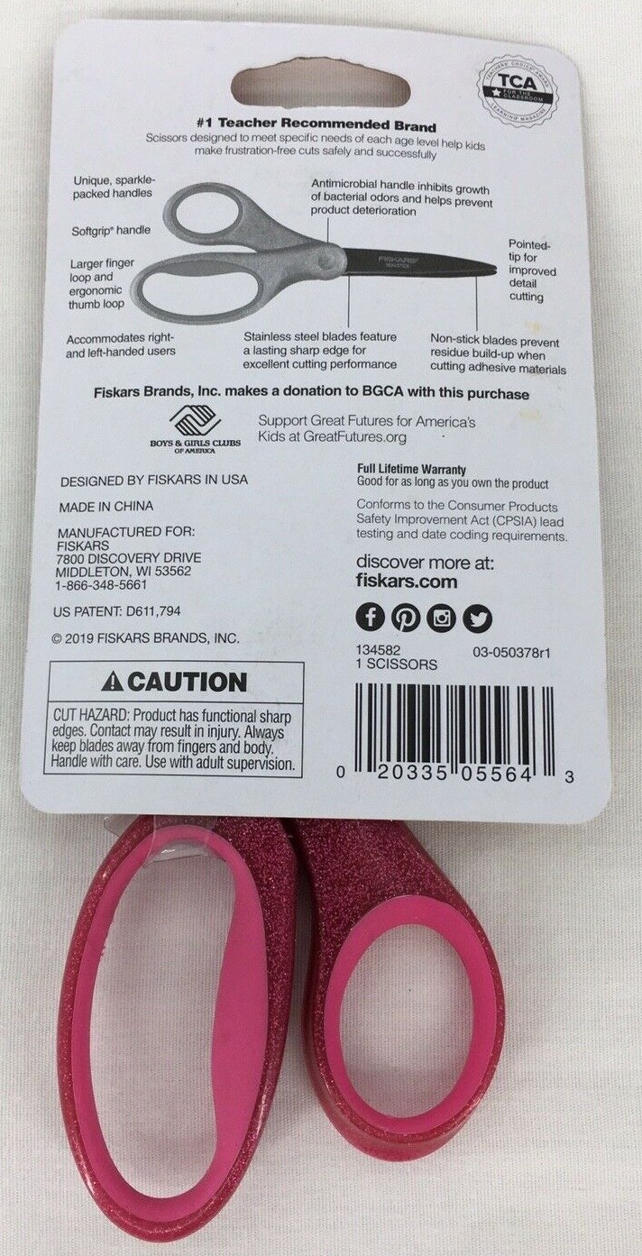Fiskars Pink Glitter Scissors Comfort Grip Non Stick 7" Student ...