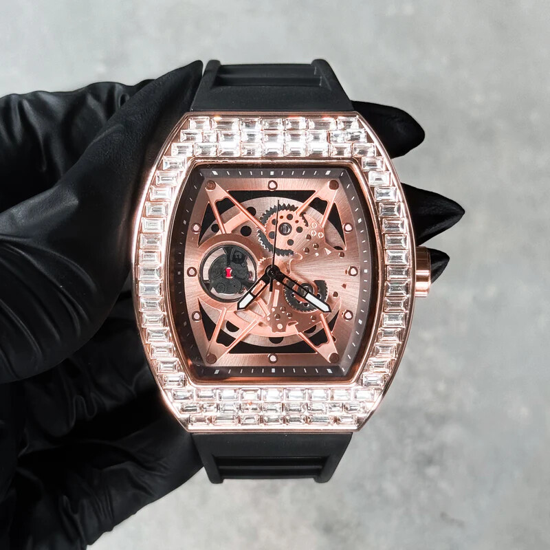 Men Hip Hop Watch Iced Bling Rapper Baguette Stone Silicone Band Luxury ...